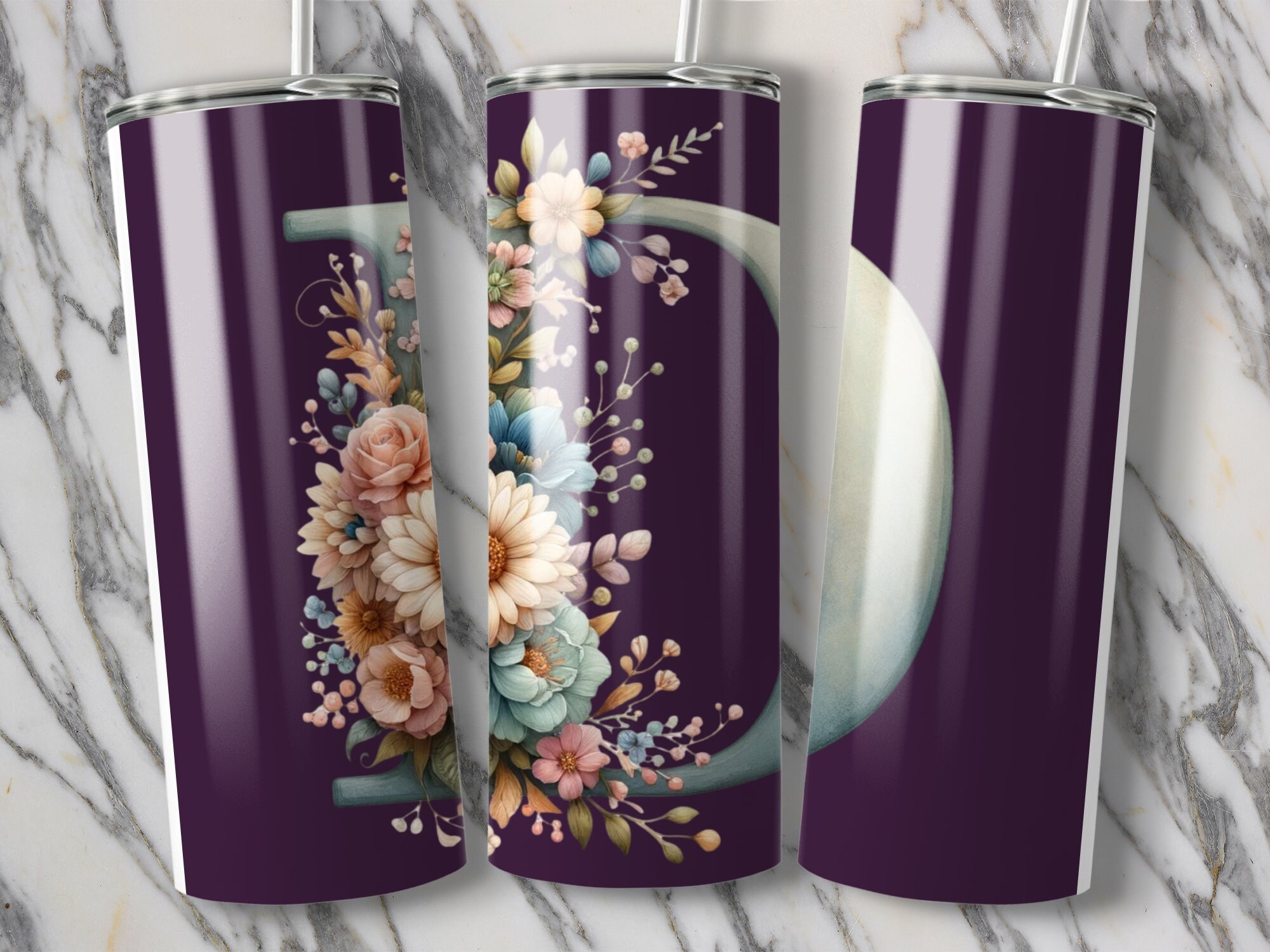 Initial D With Flowers Floral 20 Oz Ounce Skinny Tumbler Wrap ...