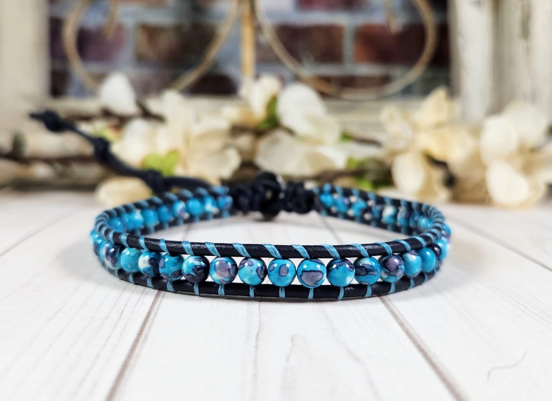 Beaded Leather Anklet Rainbow Jade Blue Leather Button Closure Anklet ...