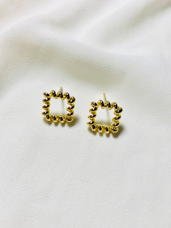 Gold Square Twisted Stud Earrings 18K Gold Plated Studs S925 | Etsy