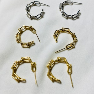 U Shape Link Gold Hoop Earrings, Chunky Chain Thick Earrings, 14K Gold ...