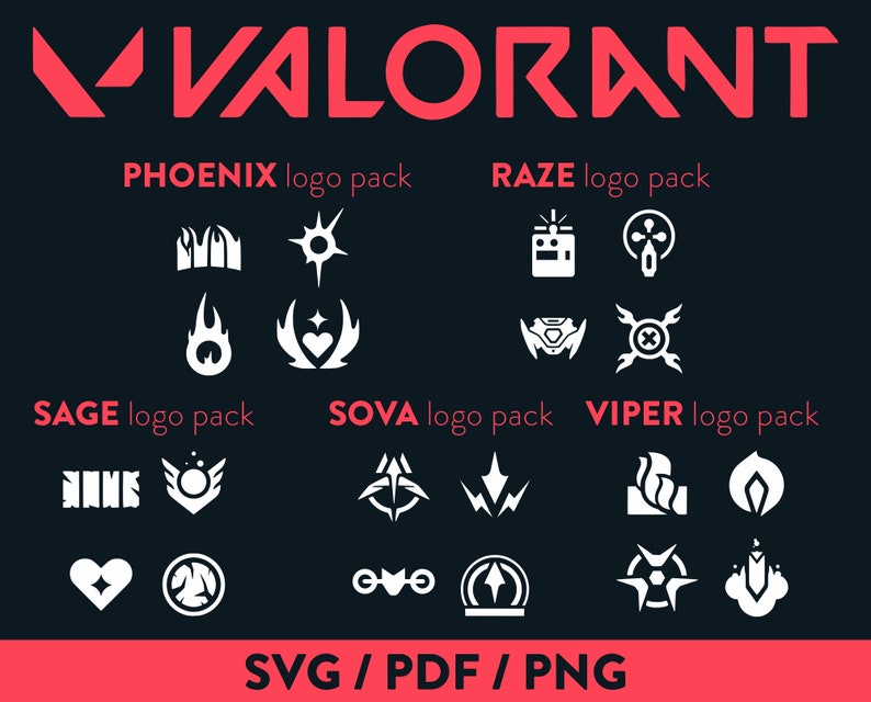 Valorant Agents SVG PNG Pdf Abilities Phoenix Raze Sage Sova Viper Riot ...