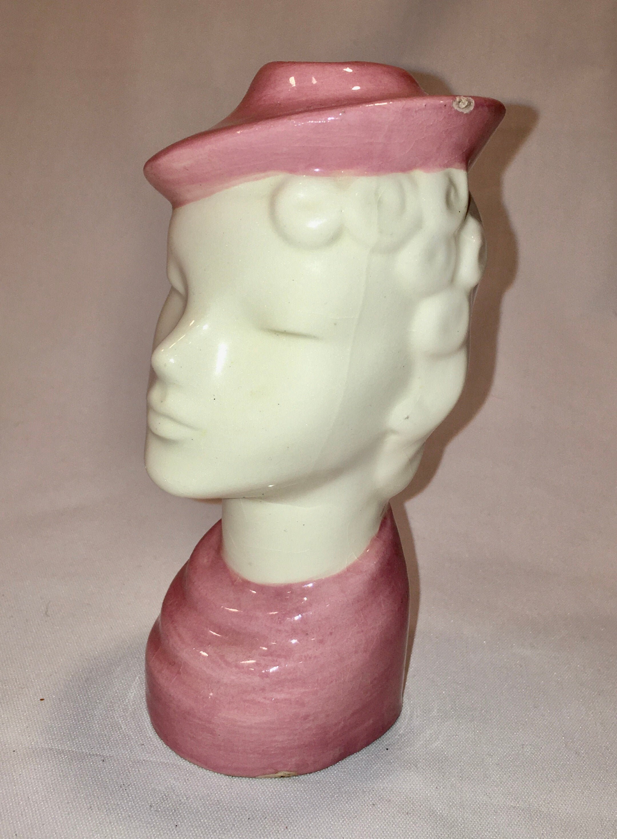Vintage Woman's Head Vase, Pink Hat and Decor, 1940 Block Pottery ...