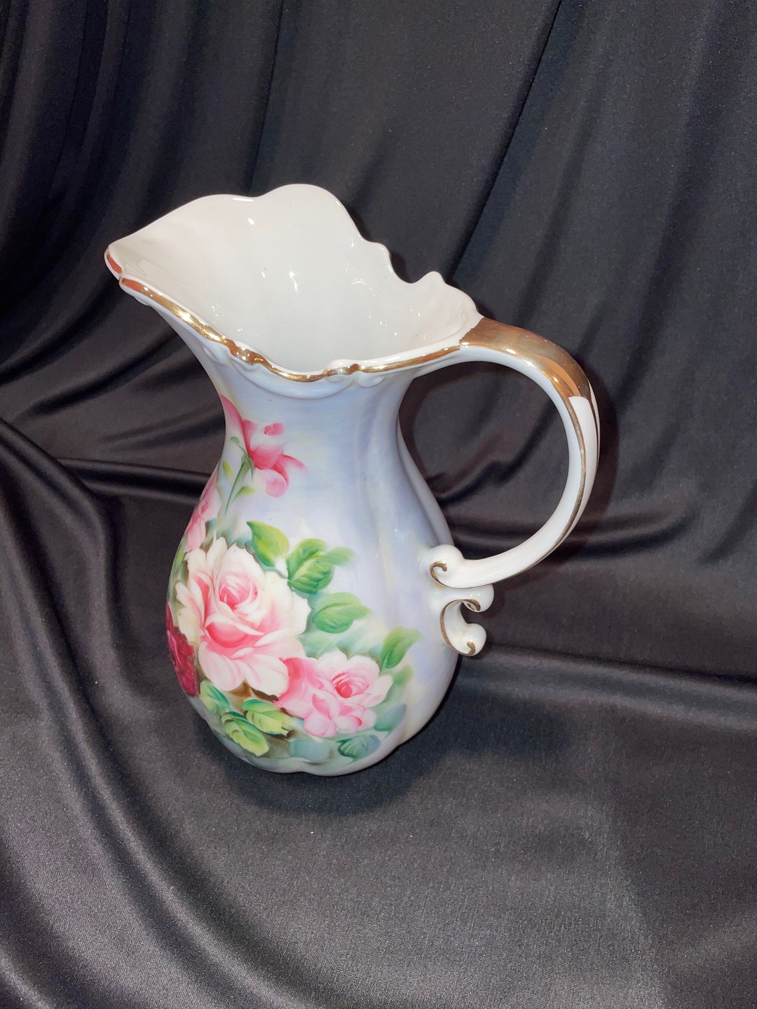 Vintage Hand Painted Floral Pitcher With Gold Trim - Etsy