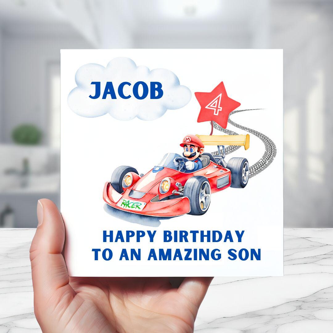 Super Mario Birthday Card | Racing Kart Design With Age Balloon | Fun ...