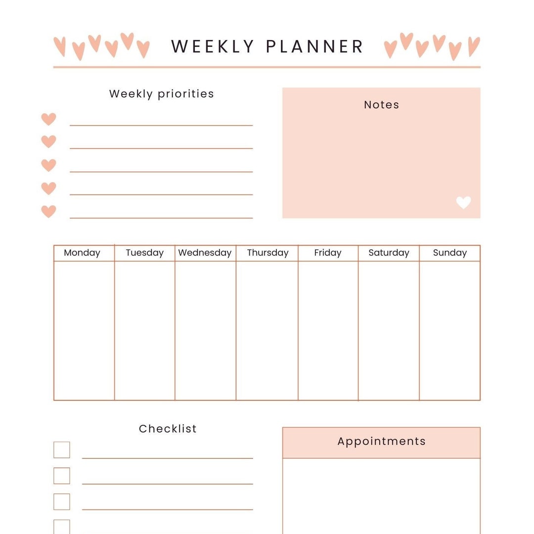 Heart Minimalist Printable Weekly Planner Printable PDF - Etsy