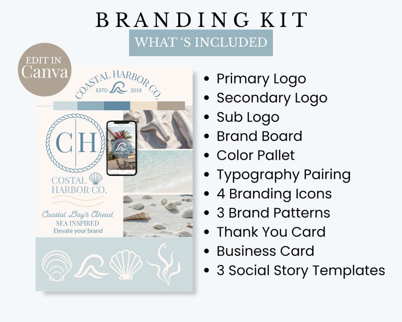 Modern Coastal Branding Kit | Editable Canva Logo Suite, Business ...