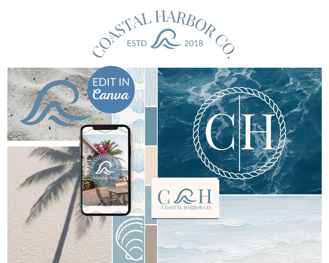 Modern Coastal Branding Kit | Editable Canva Logo Suite, Business ...