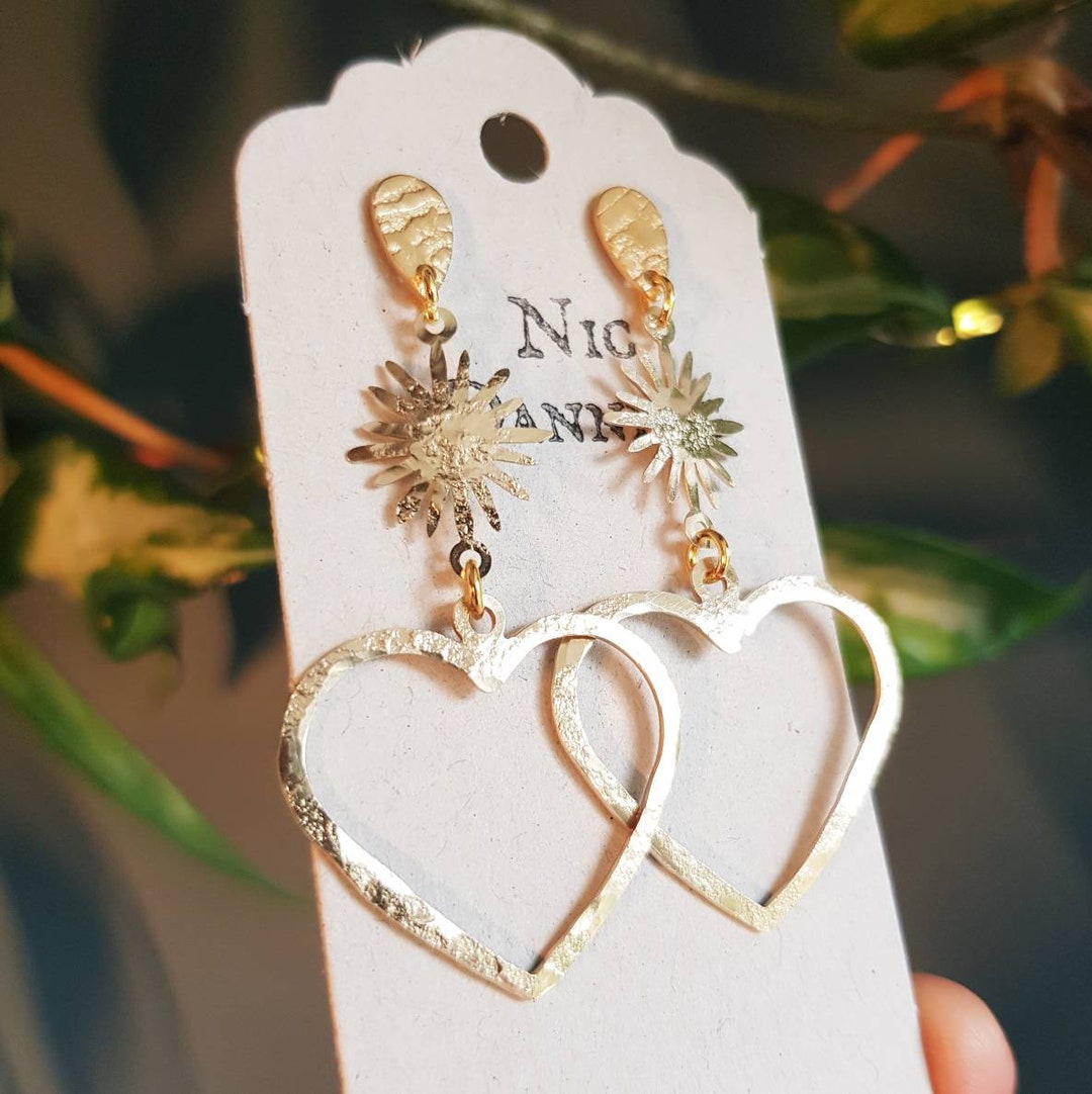 Beaten Brass Heart 'miranda' Gold Stud, Statement Sun Star Earrings ...
