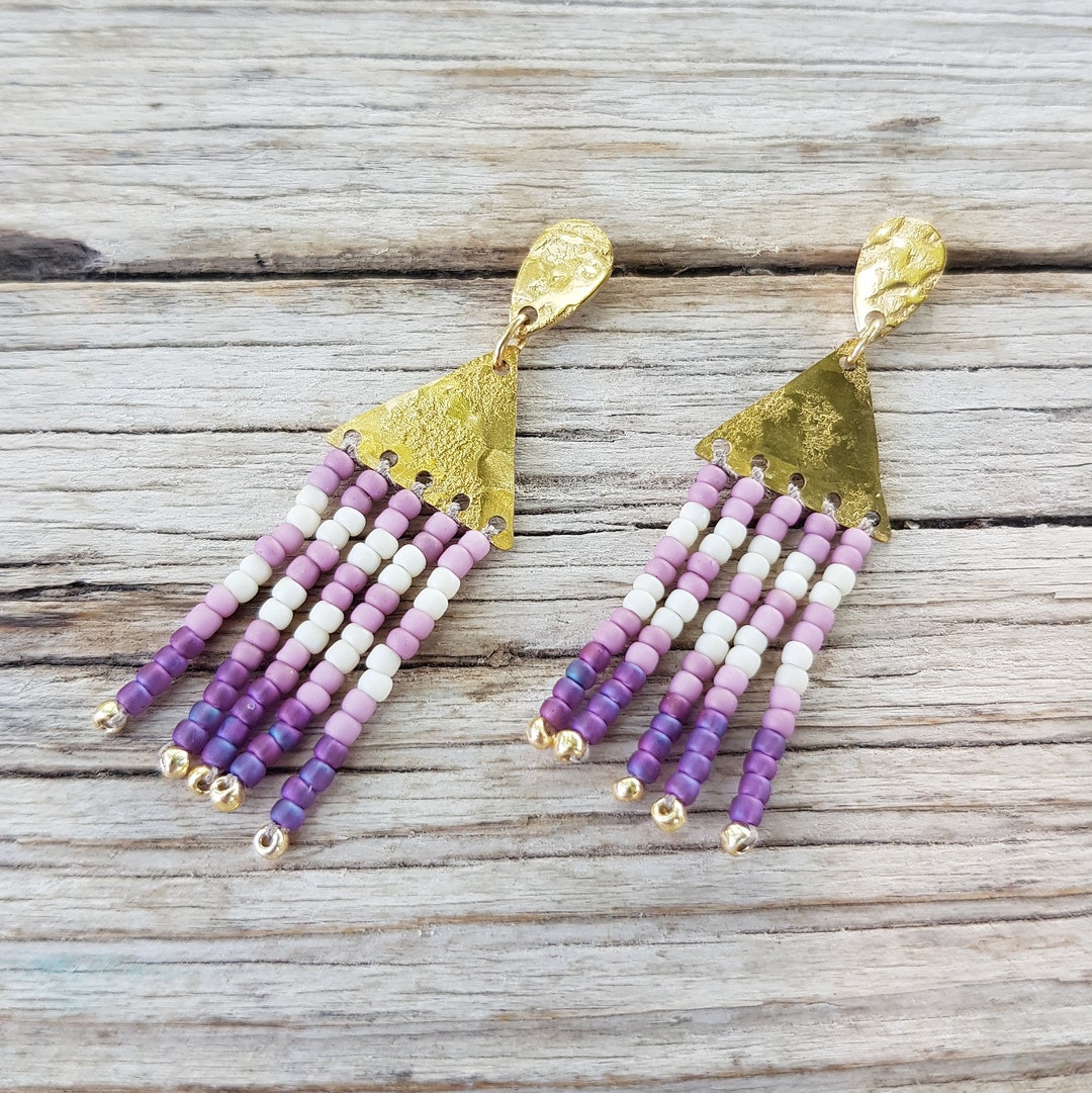 KEA Lilac and Purple Beaten Brass Striped Beaded Fringe Stud Earrings ...