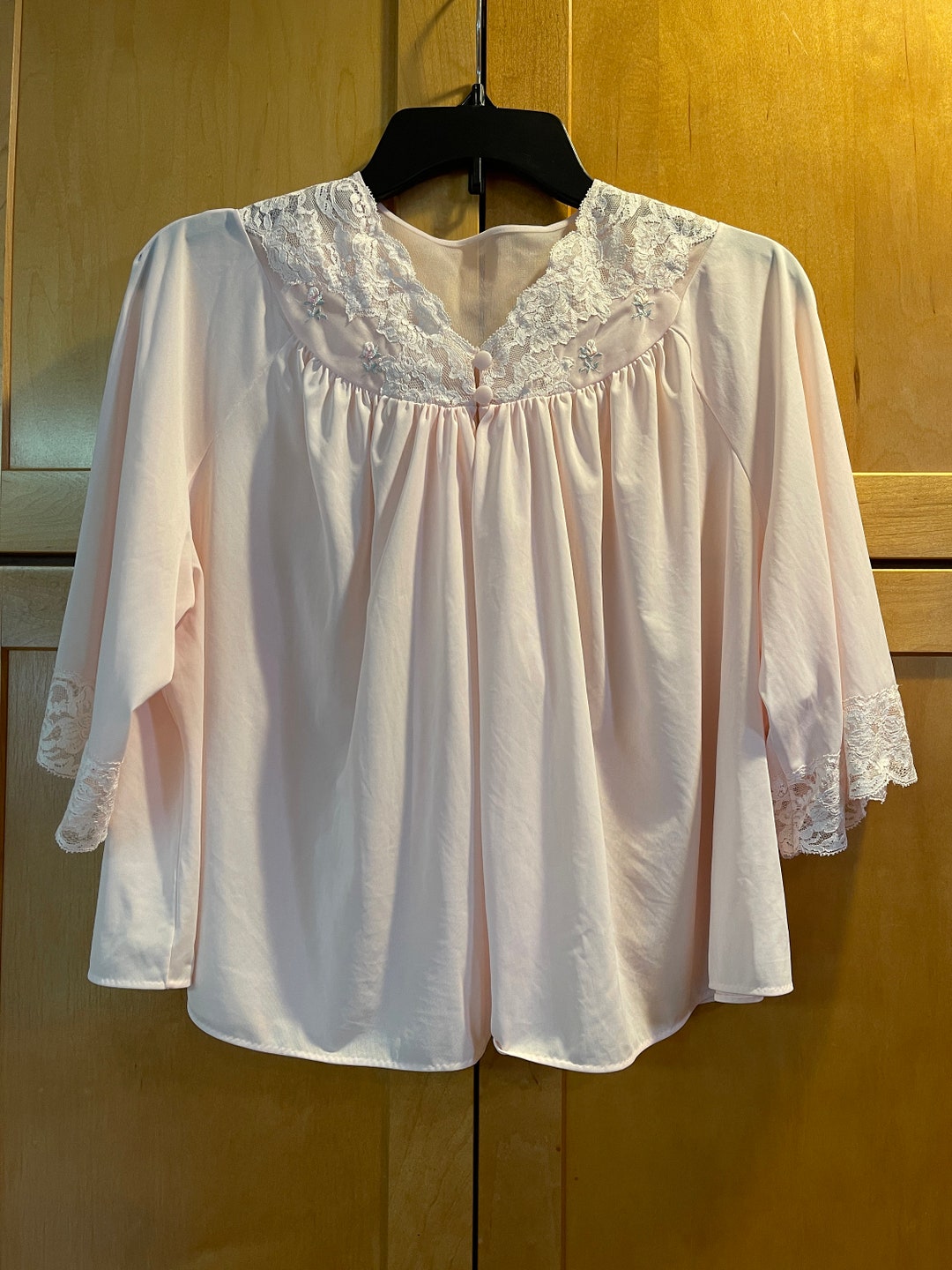 Vintage 80's Pink Bed Jacket Shadowline Lace Nylon Lingerie Negligee ...