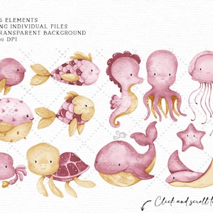 Pink Sea Animals Clipart, Sea Animals Watercolor Clipart, Watercolor ...