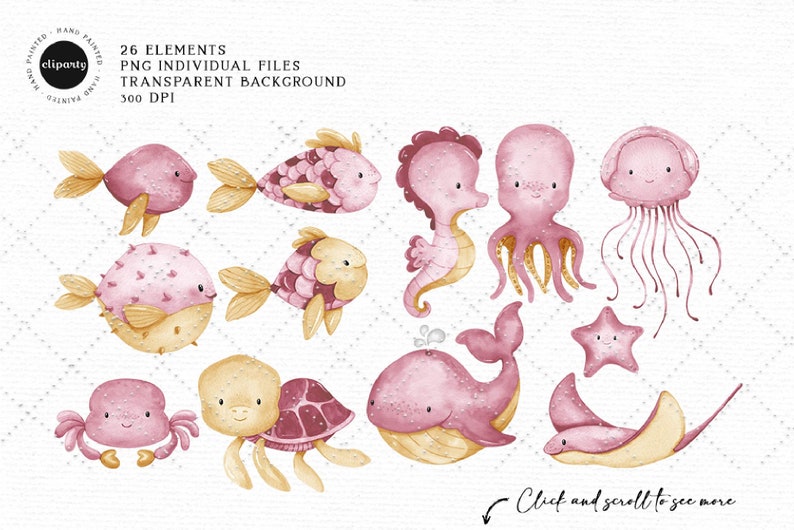 Pink Sea Animals Clipart Sea Animals Watercolor Clipart - Etsy