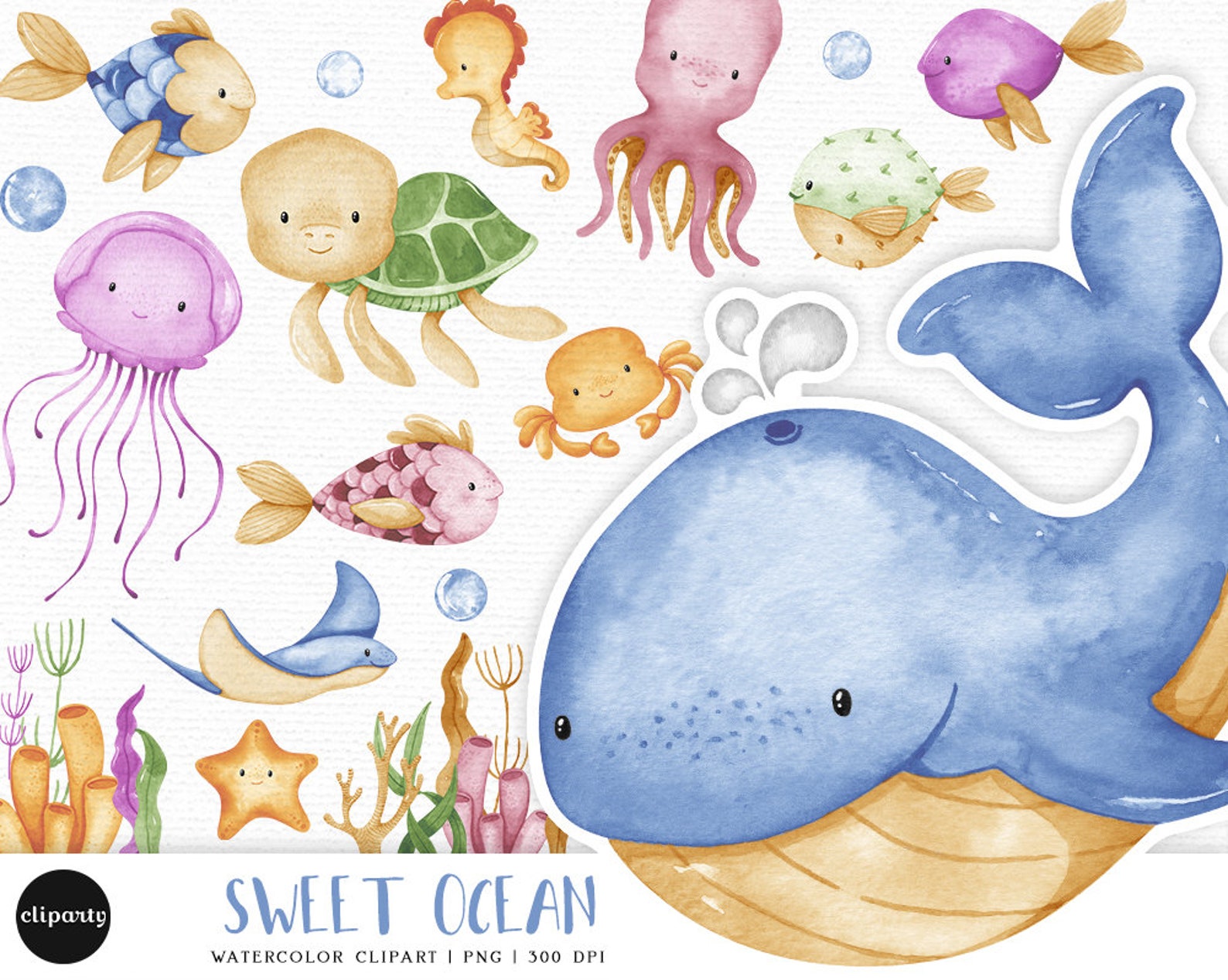 Ocean Animals Clipart Sea Animals Watercolor Clipart - Etsy