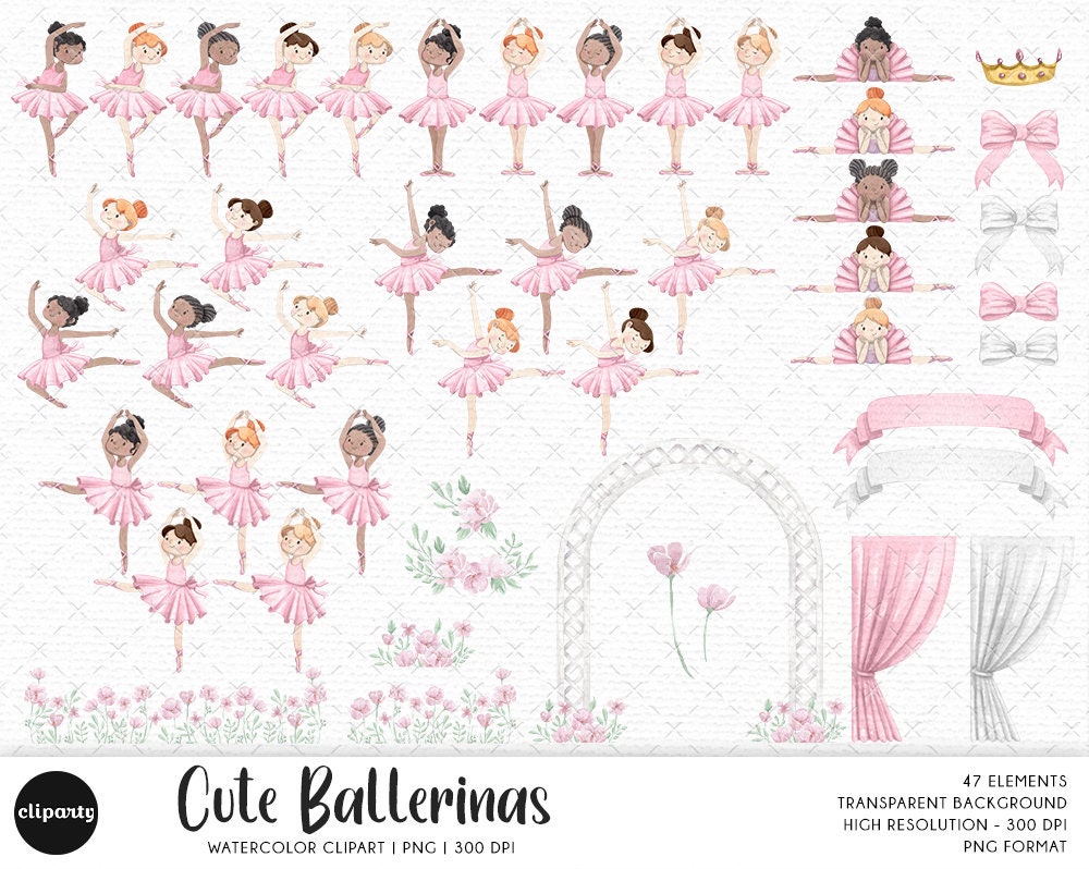 Ballerina Watercolor Clipart Pink Ballet Graphics Tutu Girls - Etsy