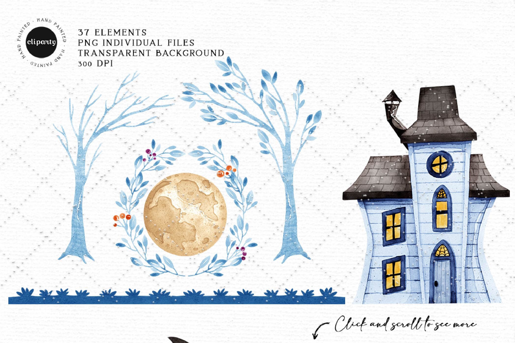 Blue Halloween Clipart Watercolor Halloween Graphics for - Etsy