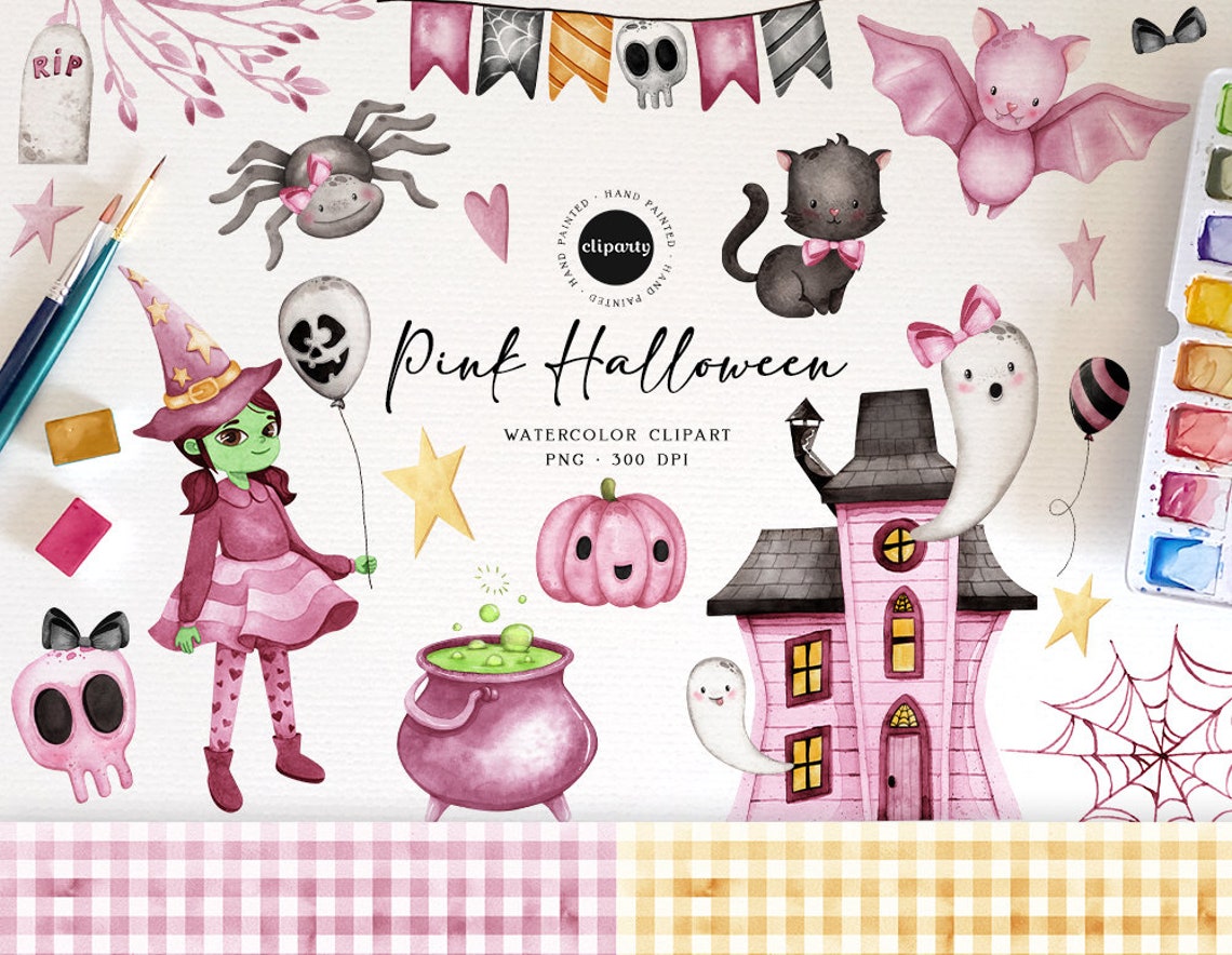 Pink Halloween Watercolor Clipart Halloween Graphics for - Etsy