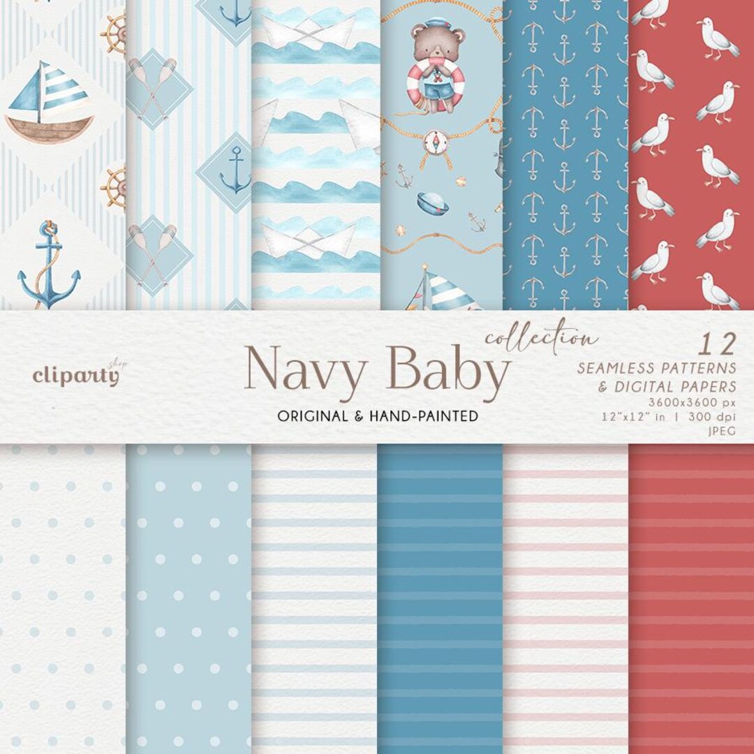 Baby Sailor Pattern, Nautical Nursery Scrapbook Digital Papers, Navy ...