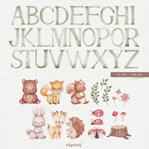 Woodland Alphabet Watercolor Clipart, Animal Letter Clipart, Cute ...