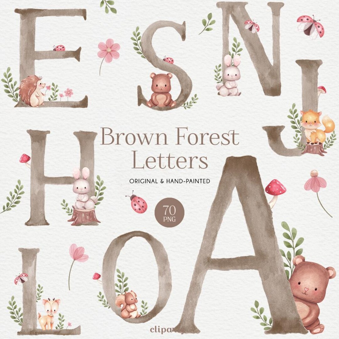 Woodland Alphabet Neutral Watercolor Clipart, Animal Letter Clipart ...