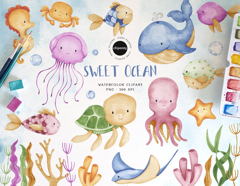 Ocean Animals Clipart Sea Animals Watercolor Clipart - Etsy