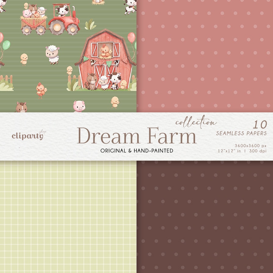 Baby Farm Animals Scrapbook Papers, Watercolor Seamless Patterns, Farm ...