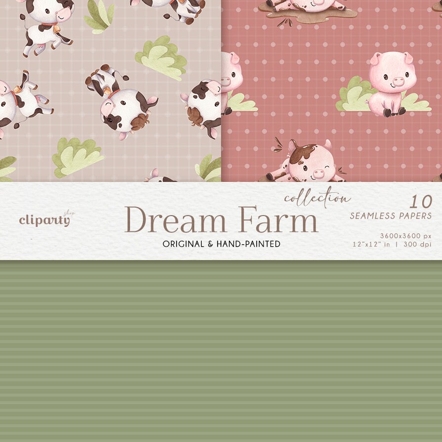 Baby Farm Animals Scrapbook Papers, Watercolor Seamless Patterns, Farm ...