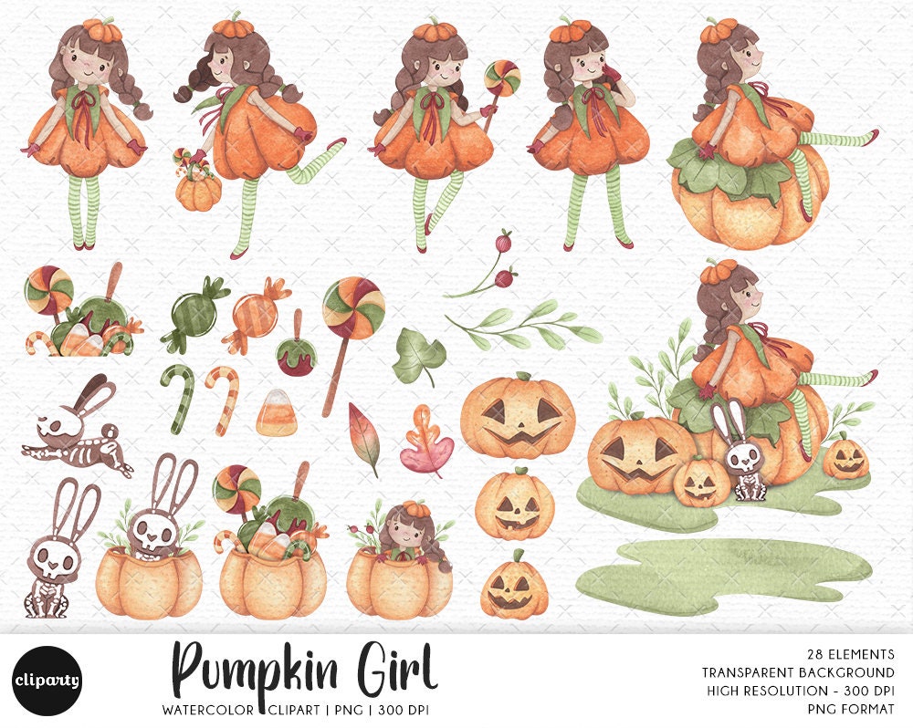 Pumpkin Girl Clipart Cute Halloween Watercolor - Etsy