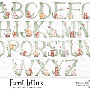 Woodland Alphabet Watercolor Clipart Animal Letter Clipart - Etsy