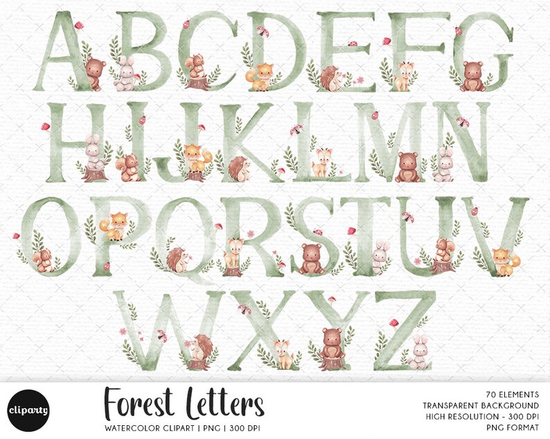 Woodland Alphabet Watercolor Clipart Animal Letter Clipart - Etsy
