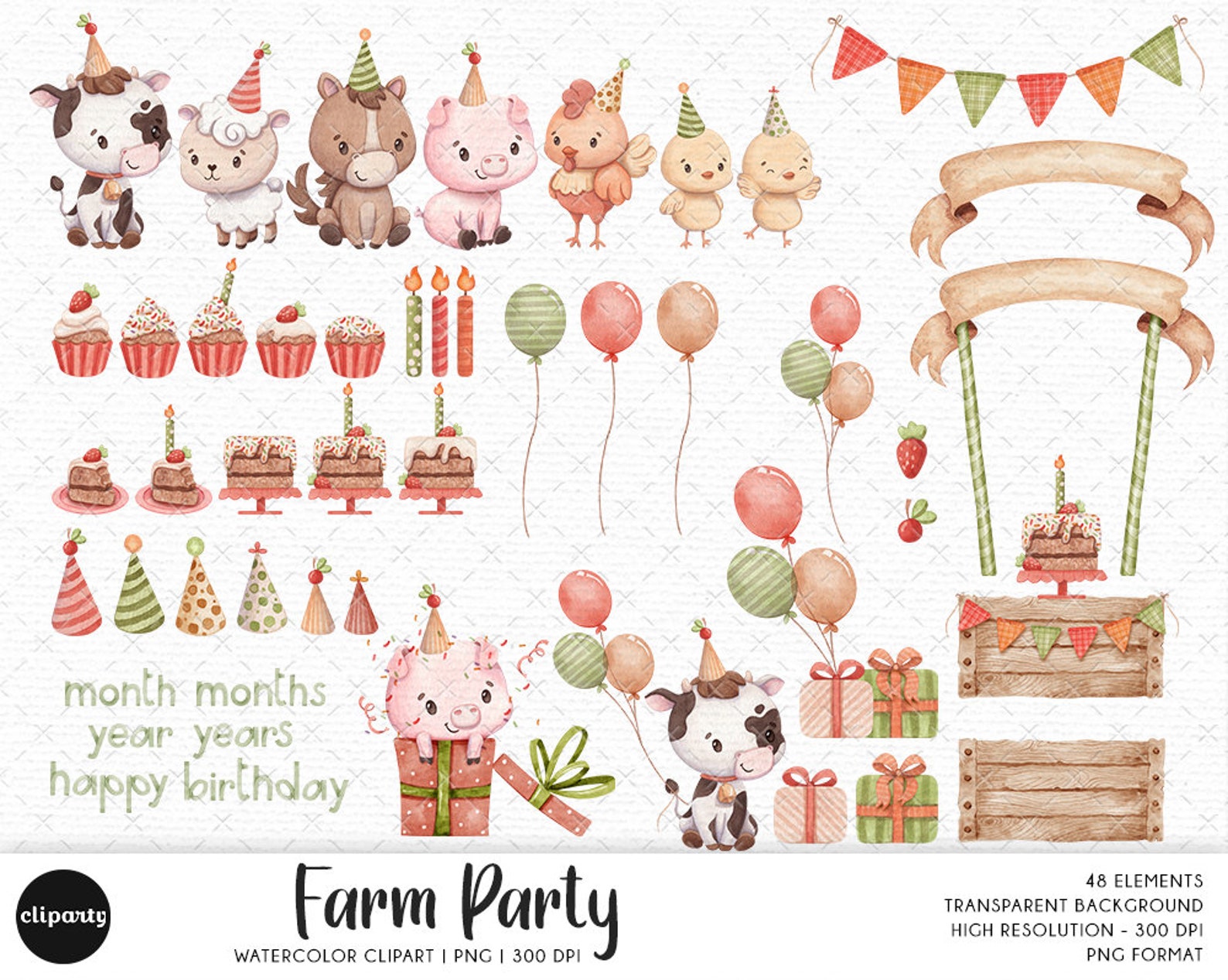 Farm Birthday Clipart, Watercolor Clipart for Commercial Use, Farm ...