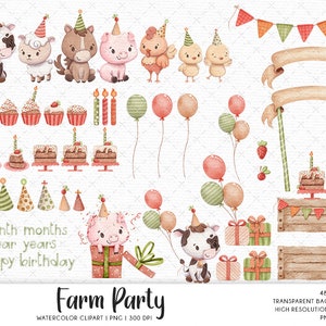 Farm Birthday Clipart, Watercolor Clipart for Commercial Use, Farm ...