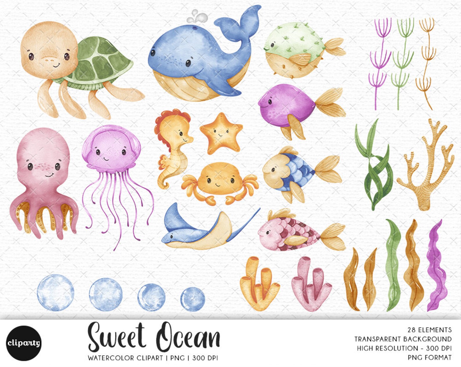 Ocean Animals Clipart Sea Animals Watercolor Clipart - Etsy