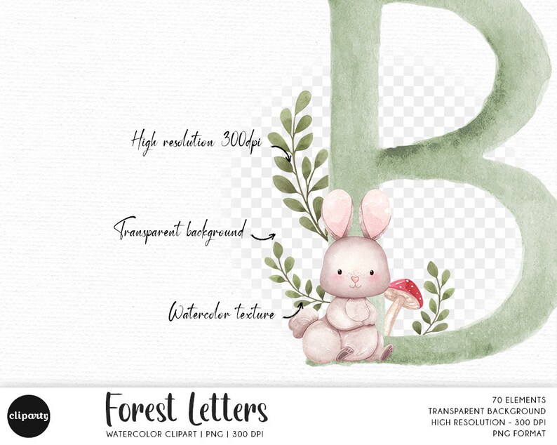 Woodland Alphabet Watercolor Clipart Animal Letter Clipart - Etsy