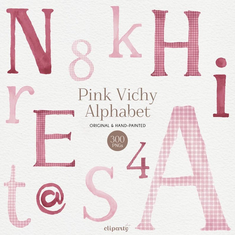 Watercolor Pink Vichy Alphabet Clipart, Gingham Pastel Colors Letters ...