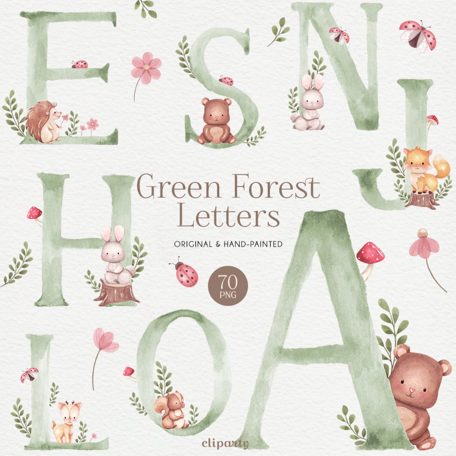 Woodland Alphabet Watercolor Clipart, Animal Letter Clipart, Cute ...