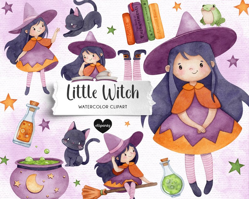 Halloween Clipart Watercolor Cute Witch PNG for Commercial - Etsy