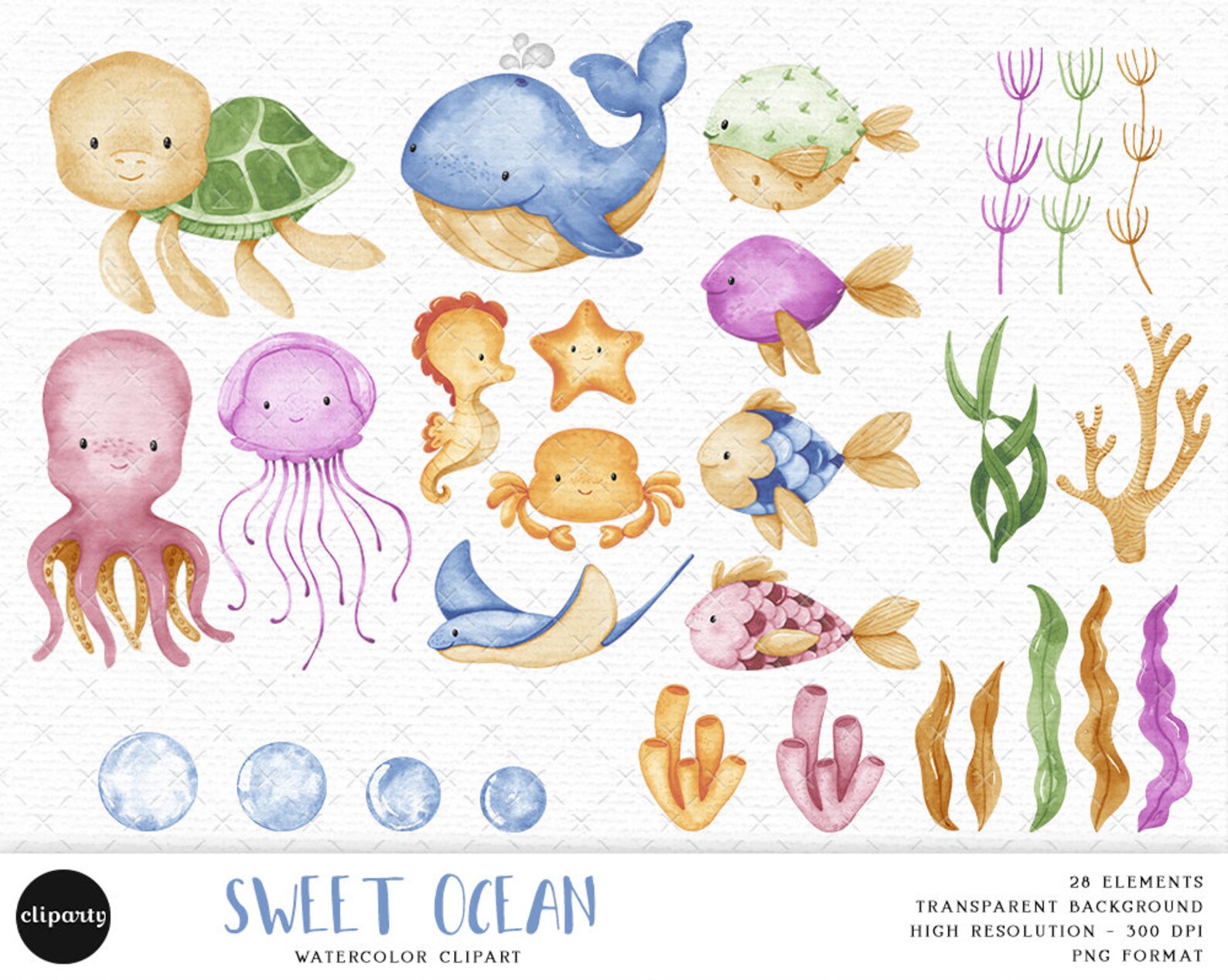 Ocean Animals Clipart Sea Animals Watercolor Clipart - Etsy