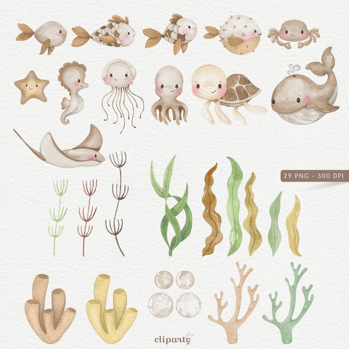 Ocean Animals Watercolor Clipart, Neutral Color Sea Animals, Beige ...