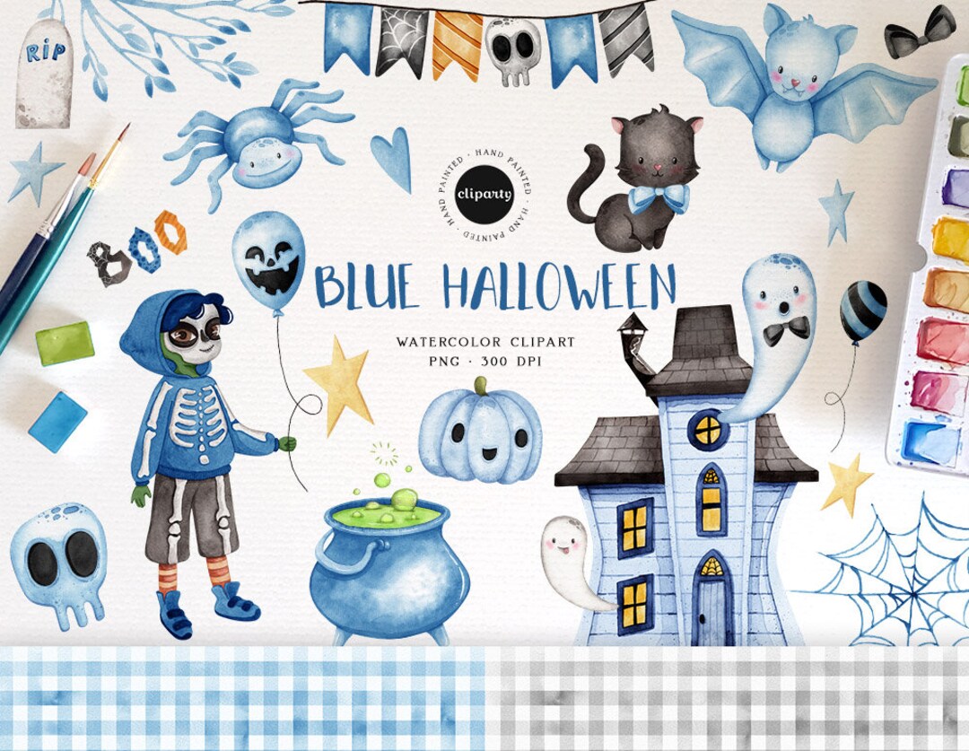 Blue Halloween Clipart, Watercolor Halloween Graphics for Commercial ...