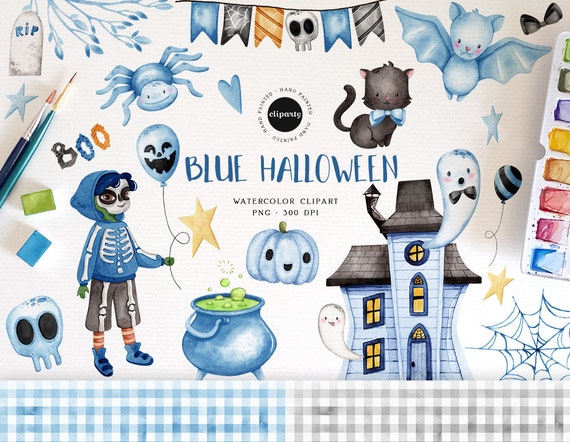 Blue Halloween Clipart Watercolor Halloween Graphics for - Etsy