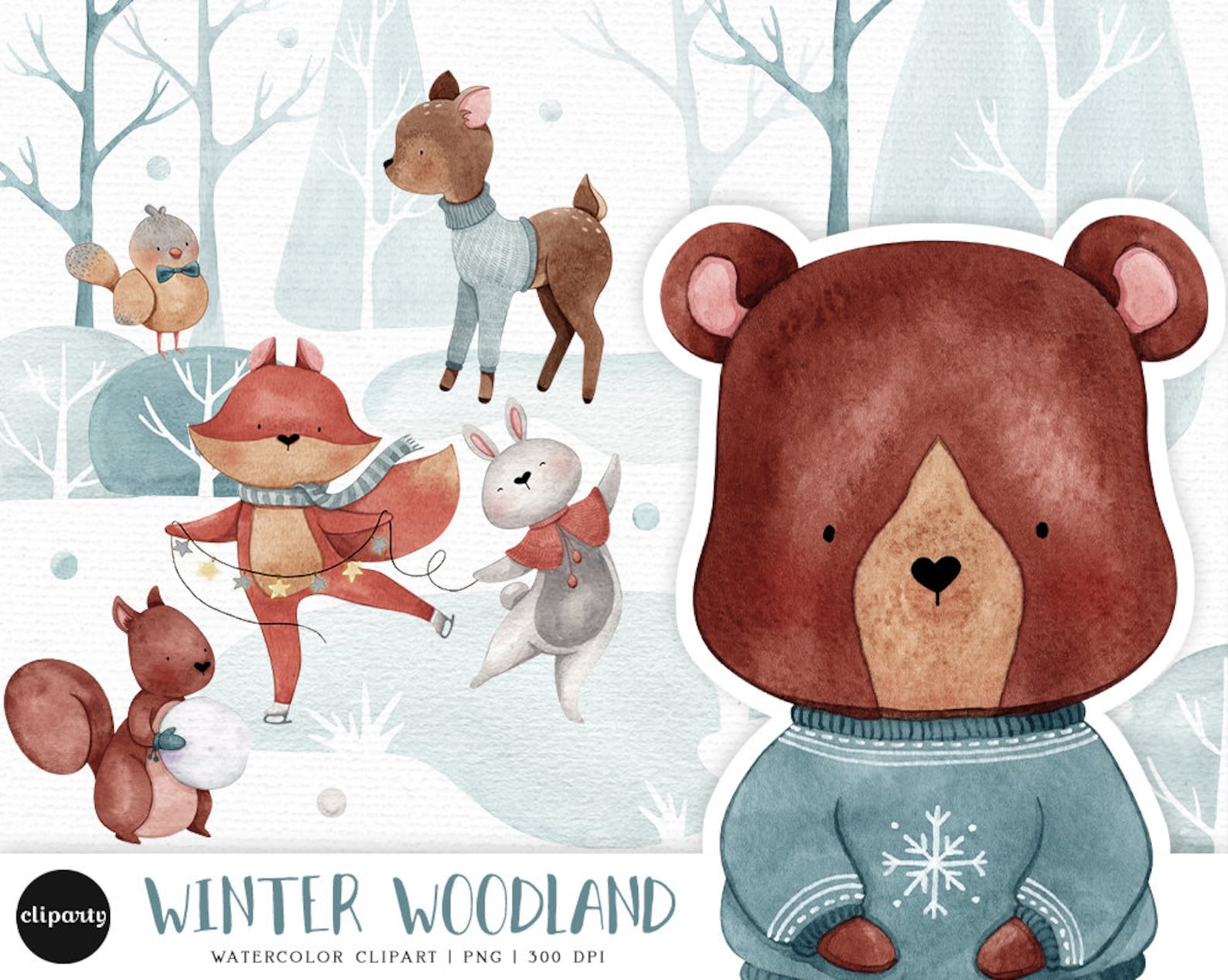 Winter Woodland Animals Clipart Christmas Woodland Nursery - Etsy