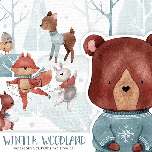 Winter Woodland Animals Clipart Christmas Woodland Nursery - Etsy