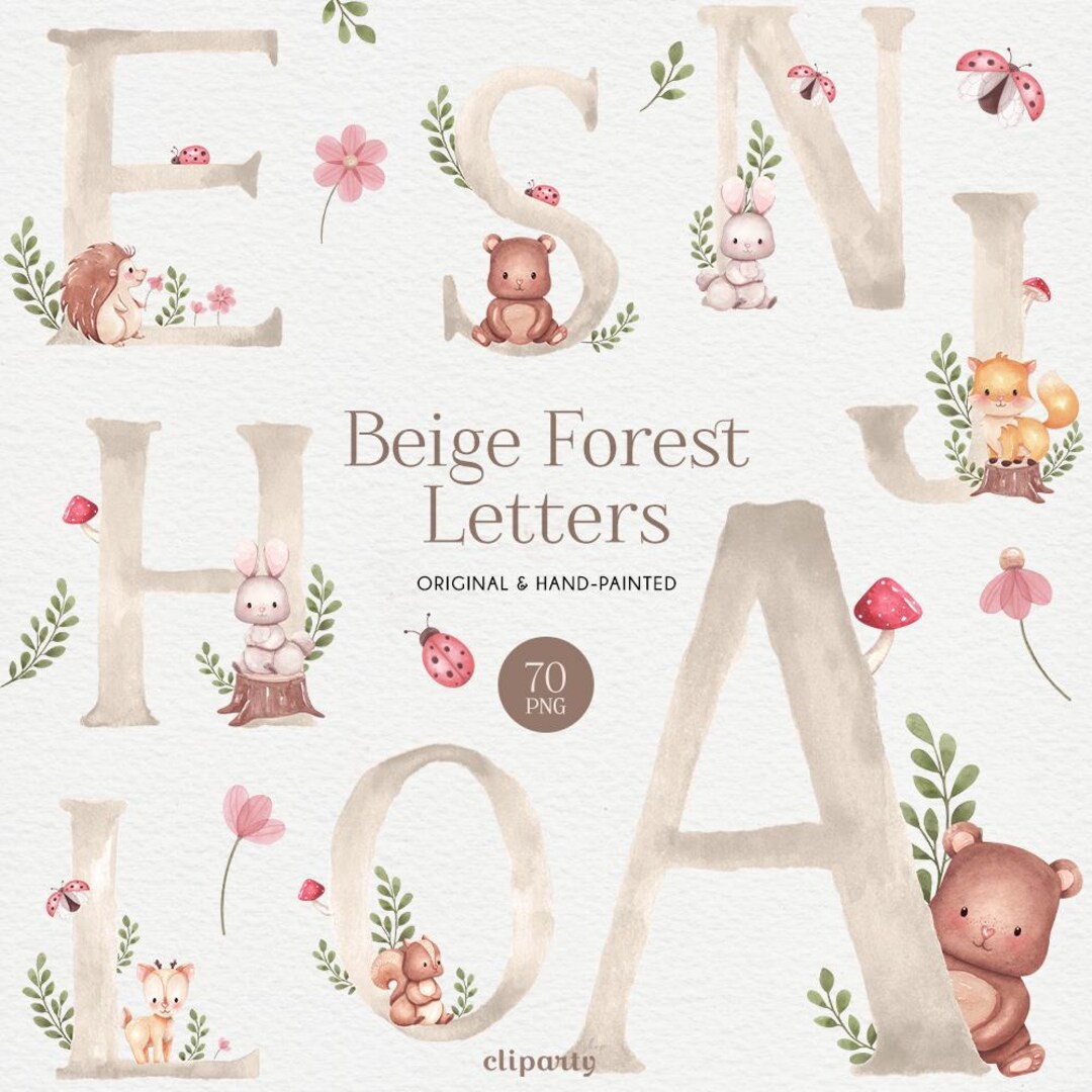 Woodland Alphabet Neutral Watercolor Clipart, Animal Letter Clipart ...