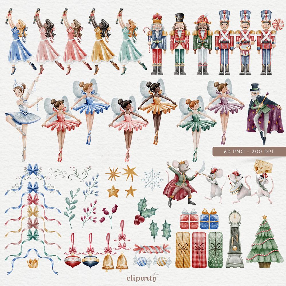 Nutcracker Clipart, Watercolor Christmas Bundle Clip Art PNG, Ballerina ...