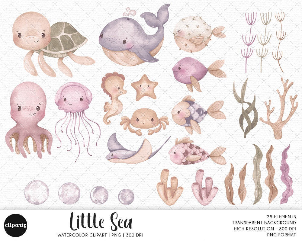 Little Sea Watercolor Clipart Set Ocean Baby Animals in Soft - Etsy UK
