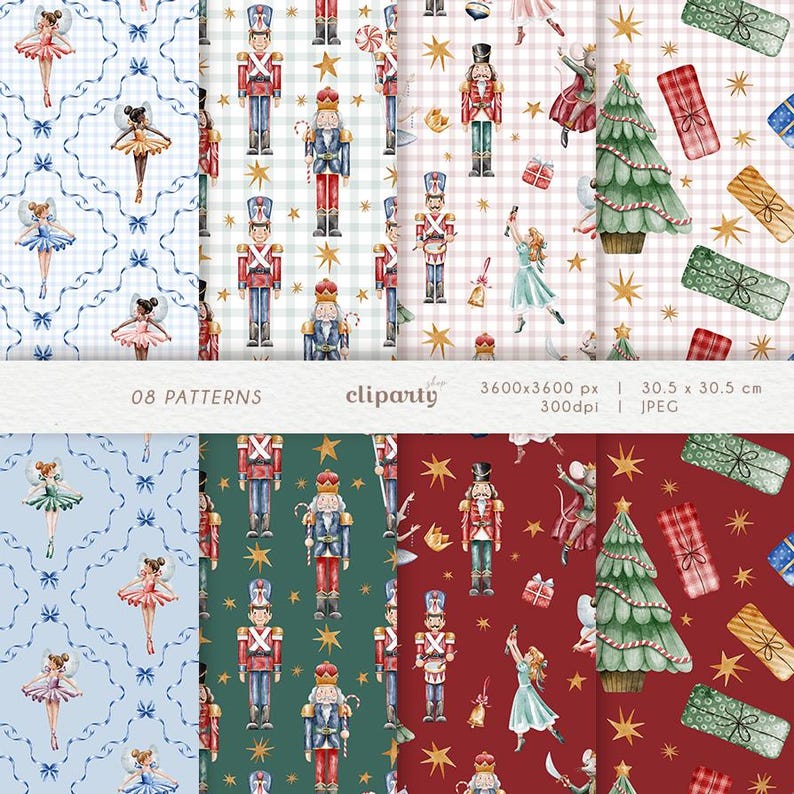 Nutcracker Pattern, Watercolor Digital Papers, Christmas Bundle Pattern ...