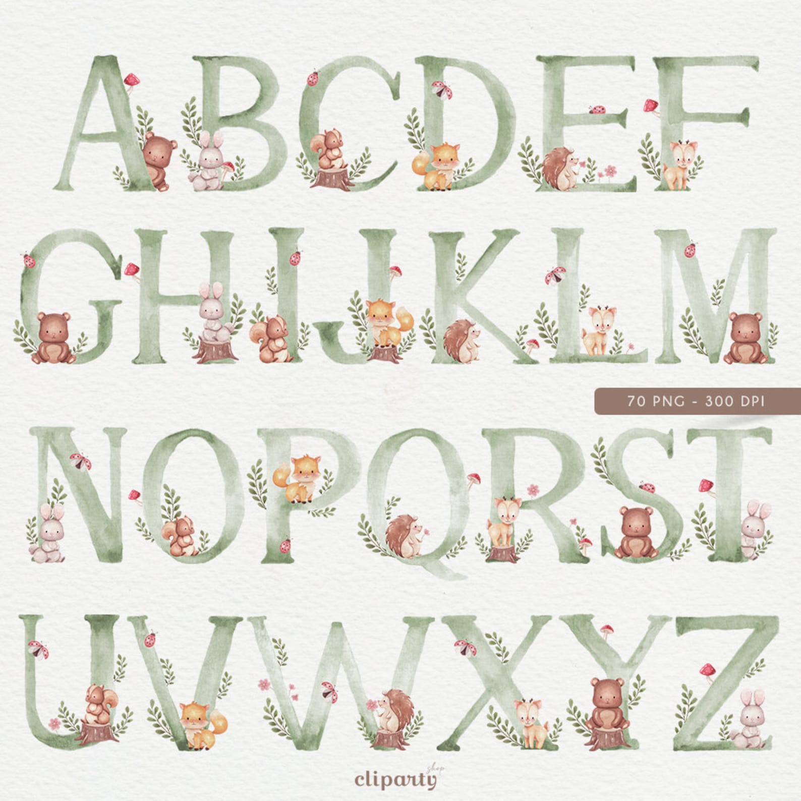 Woodland Alphabet Watercolor Clipart, Animal Letter Clipart, Cute ...