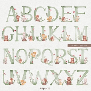 Woodland Alphabet Watercolor Clipart, Animal Letter Clipart, Cute ...