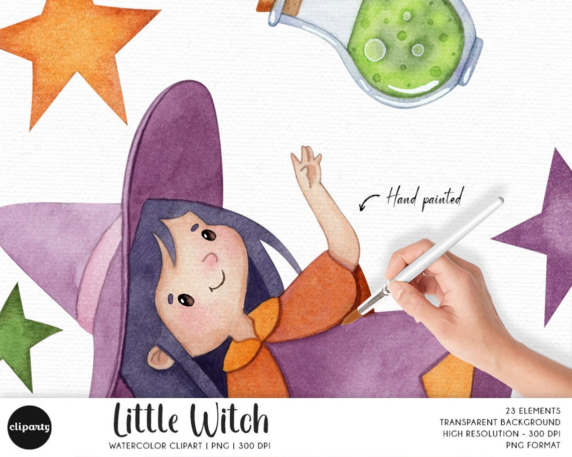 Halloween Clipart Watercolor Cute Witch PNG for Commercial - Etsy