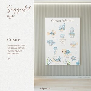 Blue Sea Animals Watercolor Clipart, Handpainted Ocean Baby Animals ...